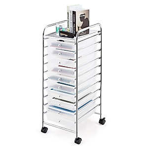 SILKYDRY Rolling Storage Cart with 10 Drawers, Versatile Utility Cart with Wheels for Tool Paper Scrapbook Art Supply, Mobile Craft Organizer Cart for Home Office School (Clear)