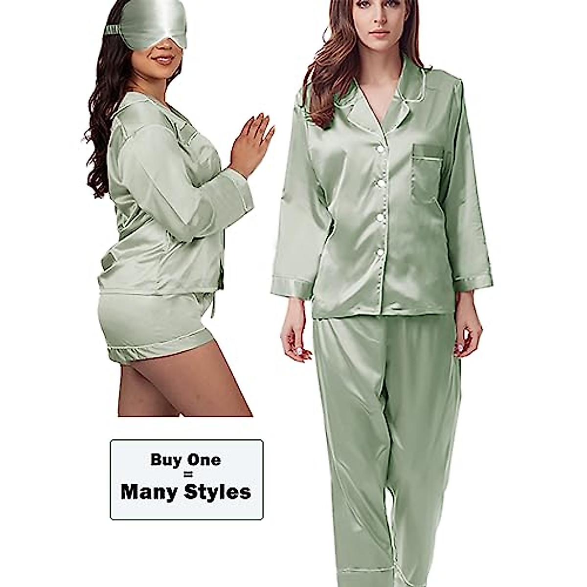 WJing Yi Jia 5Pcs Womens Silk Satin Pajamas Sets Long Pj Sets Button Down Pjs Set Sleepwear