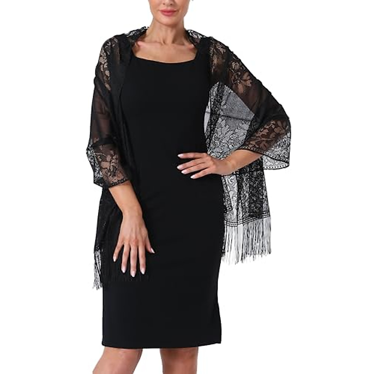 BRYCTSISEN Women’s Floral Lace Shawls and Wraps for Evening Dress Fringe Lace Pashmina Scarf for Wedding Costume Party (Black)