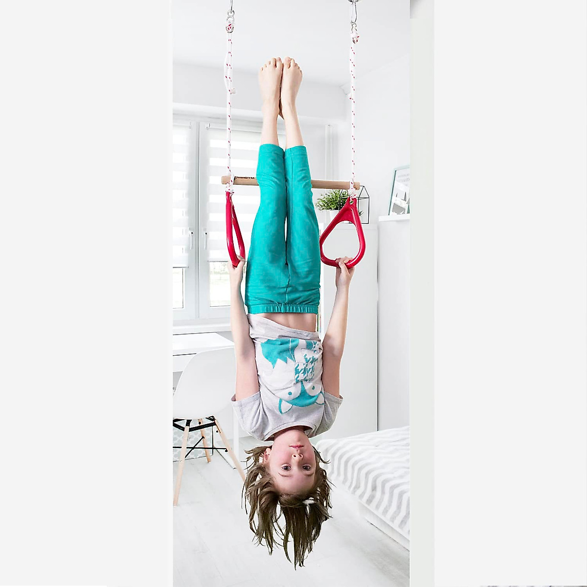 DreamGYM Doorway Sensory Swing Kit - Blue Compression Swing and Trapeze Bar with Red Gym Rings Combo