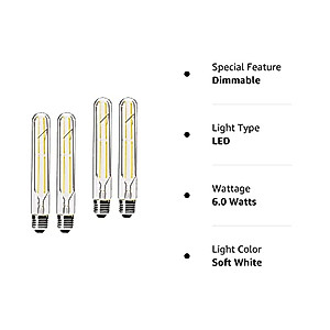 VCTC Lighting Dimmable 6W Tubular LED Bulbs, 3000K Warm White,Edison Style Filament Light Bulb, T10 Vintage Bulb 60 Watt Equivalent, E26 Medium Base 550LM,Clear Glass Cover, 7.3in(185mm),4-Pack