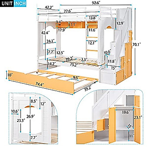 HomSof Twin Over Twin Bunk Bed with Trundle,Stairs,Ladders Solid Wood Bunk Bed with Storage Cabinet （White + Yellow）