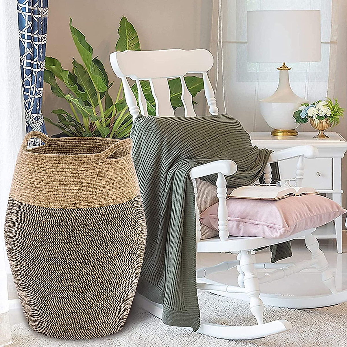 Tall Laundry Basket, 105L Large Laundry Hamper with Handles Tall Wicker Jute Woven Storage Basket for Dirty Clothes Blankets Towels - 25.6x 19.3 inches