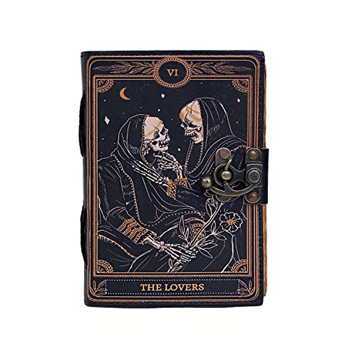 Book of Spells Leather Journal Deckle Edge Paper Grimoire Printed Journal The Lovers Tarot Notebook Spiral Gothic Notebook Skull lover Antique Vintage Leather Journals for Men and Women