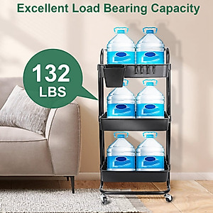 Rolling Metal Cart Kitchen Vegetable Fruits Rack Stand Movable Multi-Purpose Storage Shelf Trolley 3-Tier Utility Cart with Wheels (Black)