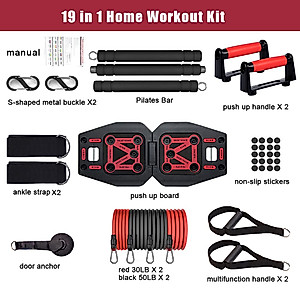 LAKXSF Home Gym Exercise Equipment - Portable Workout System 17 Fitness Accessories 9 in1 Push Up Board Set, Resistance Bands with Pilates Bar Strength Training Abs Shoulders Back Butt (A-RED)