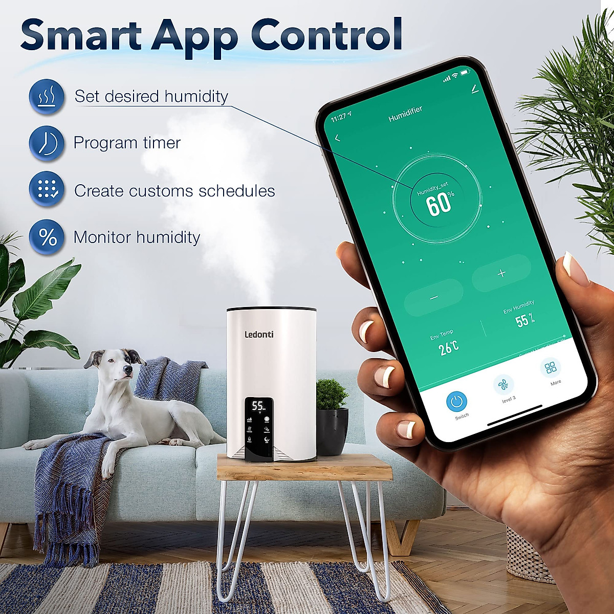 WiFi Control Humidifiers for Bedroom - Dual Mist (Cool & Warm) ! Humidifier 4L Big Capacity Top Fill Water Tank, Quie Humidifier, for Large Rooms Home Living Office Baby - Ultrasonic Humidifier