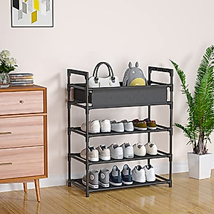 Laiensia 4-Tier Stackable Shoe Rack,turdy Shoe Shelf, Expandable & Adjustable Fabric Non-Woven Fabric Shoe Shelf with Storage Organizer, Black