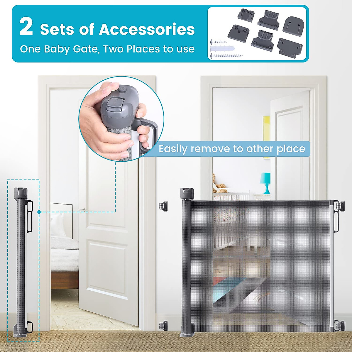 Retractable Baby Gates for Stairs Doorways, [Upgraded Double Lock] 34" Tall, Extra Wide up to 72", Mesh Pet Puppuy Dog Gate for House, Hallways, Indoor/Outdoor (72 inch, Grey)