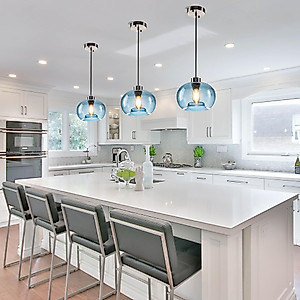 HASUN 2 Pack Blue Pendant Lights Kitchen Island, 9.2 Inch Pumpkin Farmhouse Seeded Glass Pendant Lights Fixture, Bedroom Pendant Light for Office Cafe Pubs Brushed Nicke with Bulb