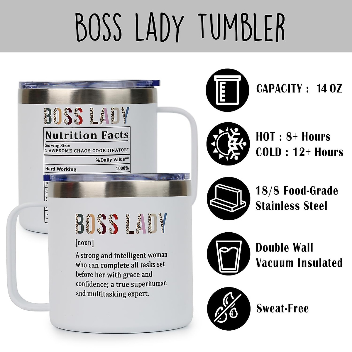 FROOBLEQUIRK 14 Oz Tumbler for Lady Boss, Inspirational Cup for Leader, Manager, Women Coworker – Birthday, Christmas, Boss Day Gift Idea