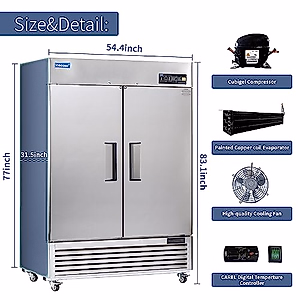 ICECASA 54" W Commercial Refrigerator Reach-in 49 Cu.ft 2 Solid Door Stainless Steel Commercial Refrigerator Fan Cooling for Restuarant, Bar, Shop, etc