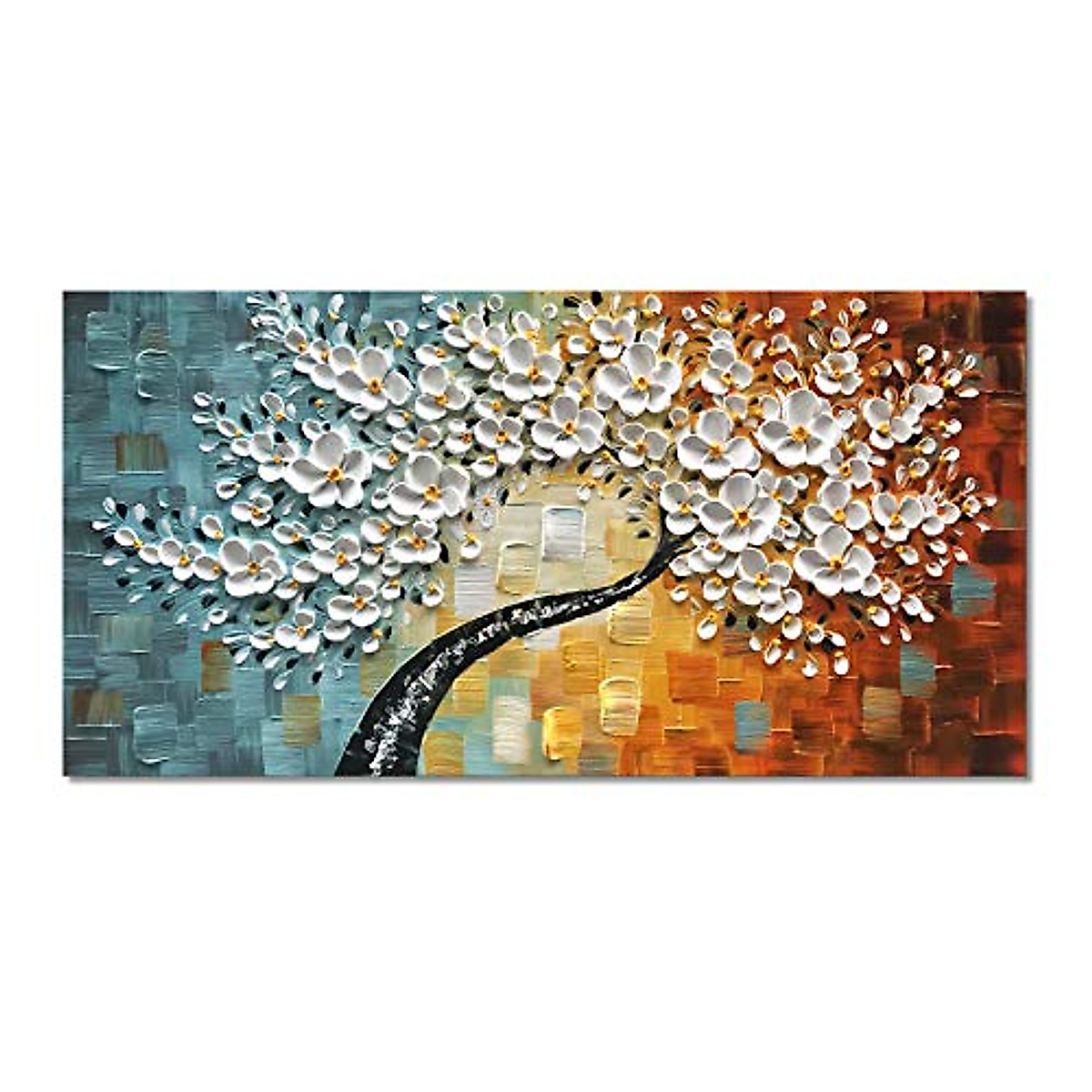 Diathou 20x40in 3D Abstract Paintings,Hand-Painted Painting of White Flowers and Trees, Canvas Wood Frame, Ready to Hang The Wall to Decorate The Living Room Bedroom