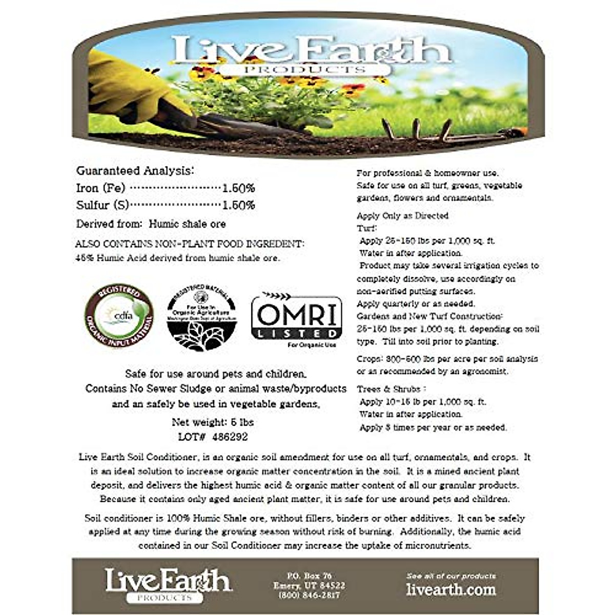 Live Earth Products Organic Soil Conditioner Granules - All Natural Humate Product with Humic Acid and Fulvic Acid for Lawn, Vegetable Garden, Trees, Shrubs, and Flowers - 15 lbs, (Three 5-Pound Bags)