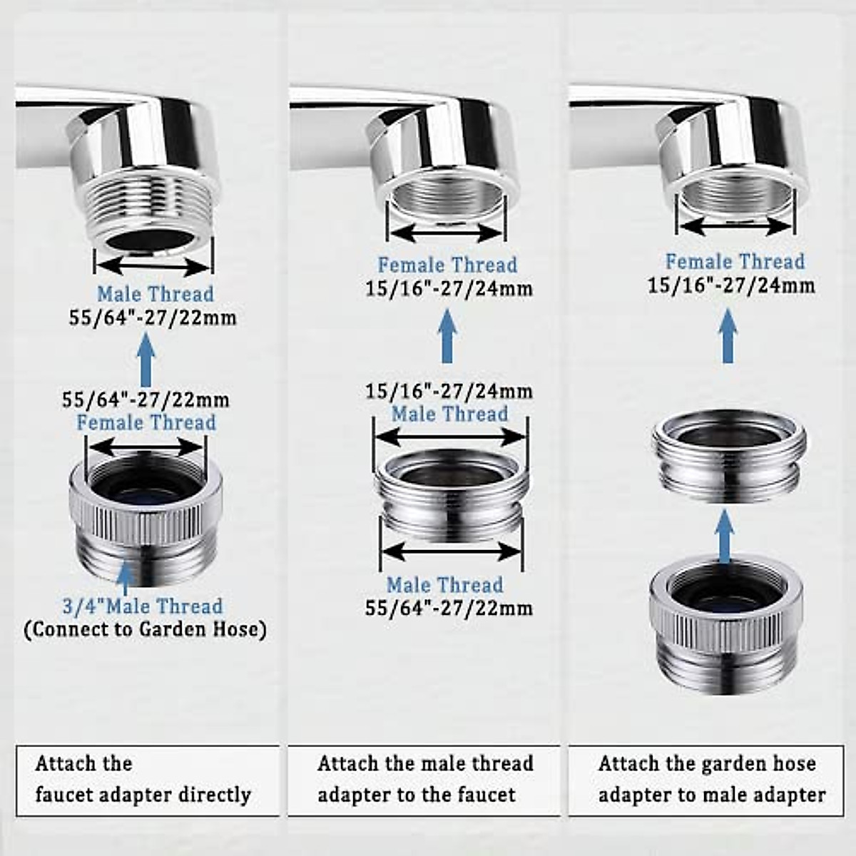 Faucet Adapter with Aerator Kitchen Sink Faucet Adapter Kit to Garden Hose for 55/64" Female to 3/4" Male Faucet Adapater, Chrome Finished