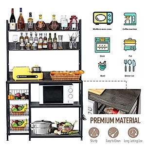 NAIYUFA Kitchen Bakers Rack with Baskets,5-Tier Kitchen Utility Storage Shelf with Hooks, Microwave Oven Stand Rack, Free Standing Kitchen Shelf Vintage Grey