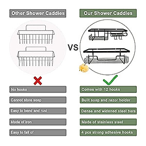 SENLLY Shower Caddy, Shower Caddy Basket Shelf with Hooks for Hanging, Adhesive Shampoo Bathroom Inside Shower Storage Organizer, SUS304 Stainless Steel Rack Tile Wall Mounted (No Drilling, Black)