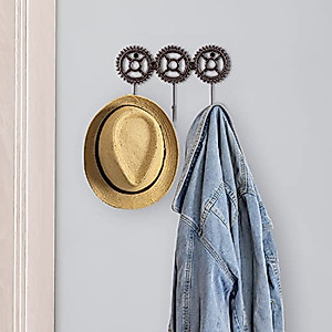 MyGift Brown Cast Iron Metal Wall Coat Hook with Steampunk Gear Design, Wall Mounted Key Rack with 3 Hooks