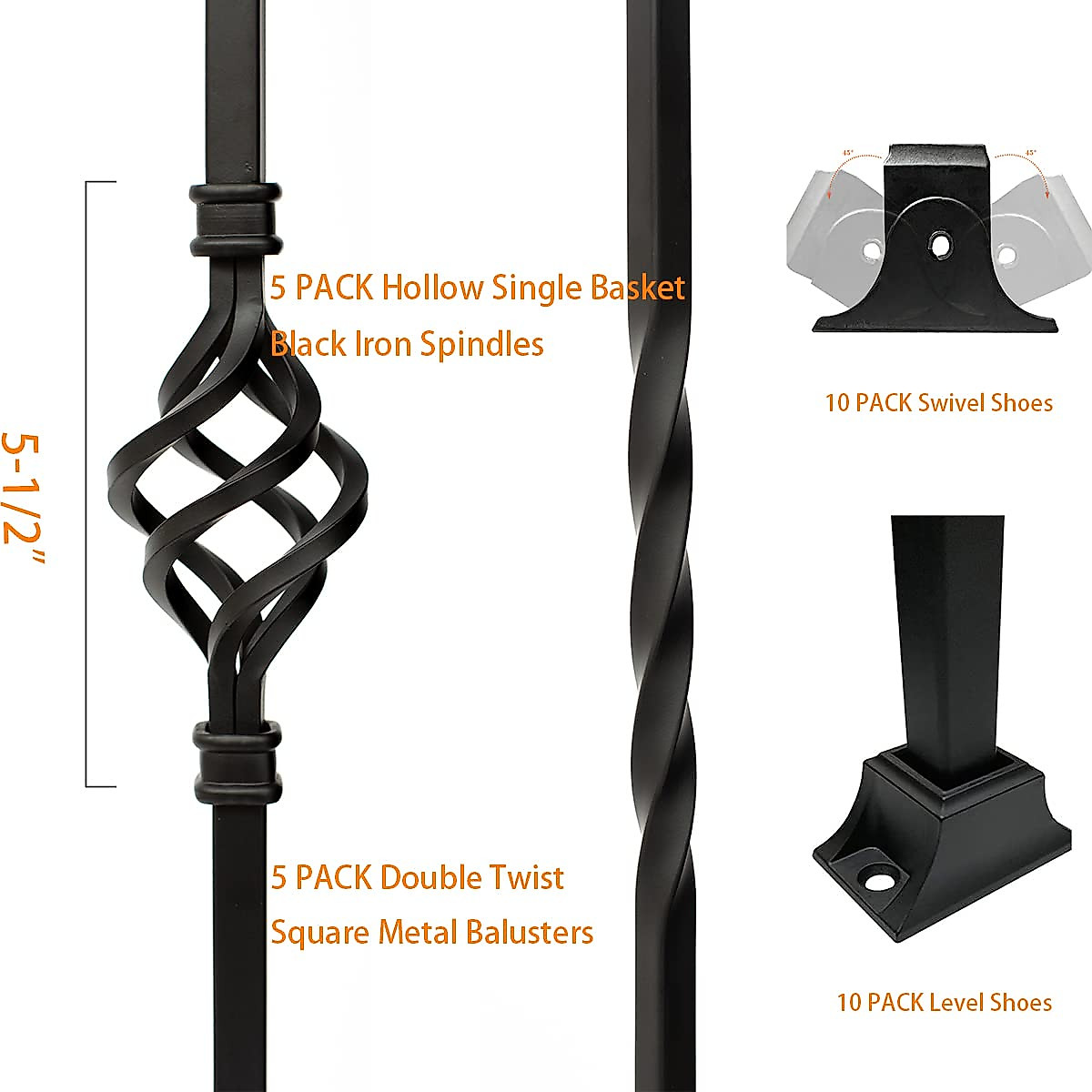 1/2 inch Wrought Iron Balusters 1/2" x 44" Hollow Single Basket Black Iron Spindles Double Twist Square Metal Balusters Stair Satin Black Railing with Adjustable Iron Baluster Swivel Shoes Set of 10
