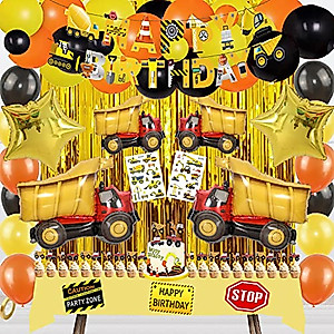 Construction Theme Birthday Party Decorations Kit Dumb Truck Excavator Crane Banner Foil Curtain Tablecloth Balloons for Boys 1st 2nd 3rd 4th 5th Birthday Party, Baby Shower Supplies.