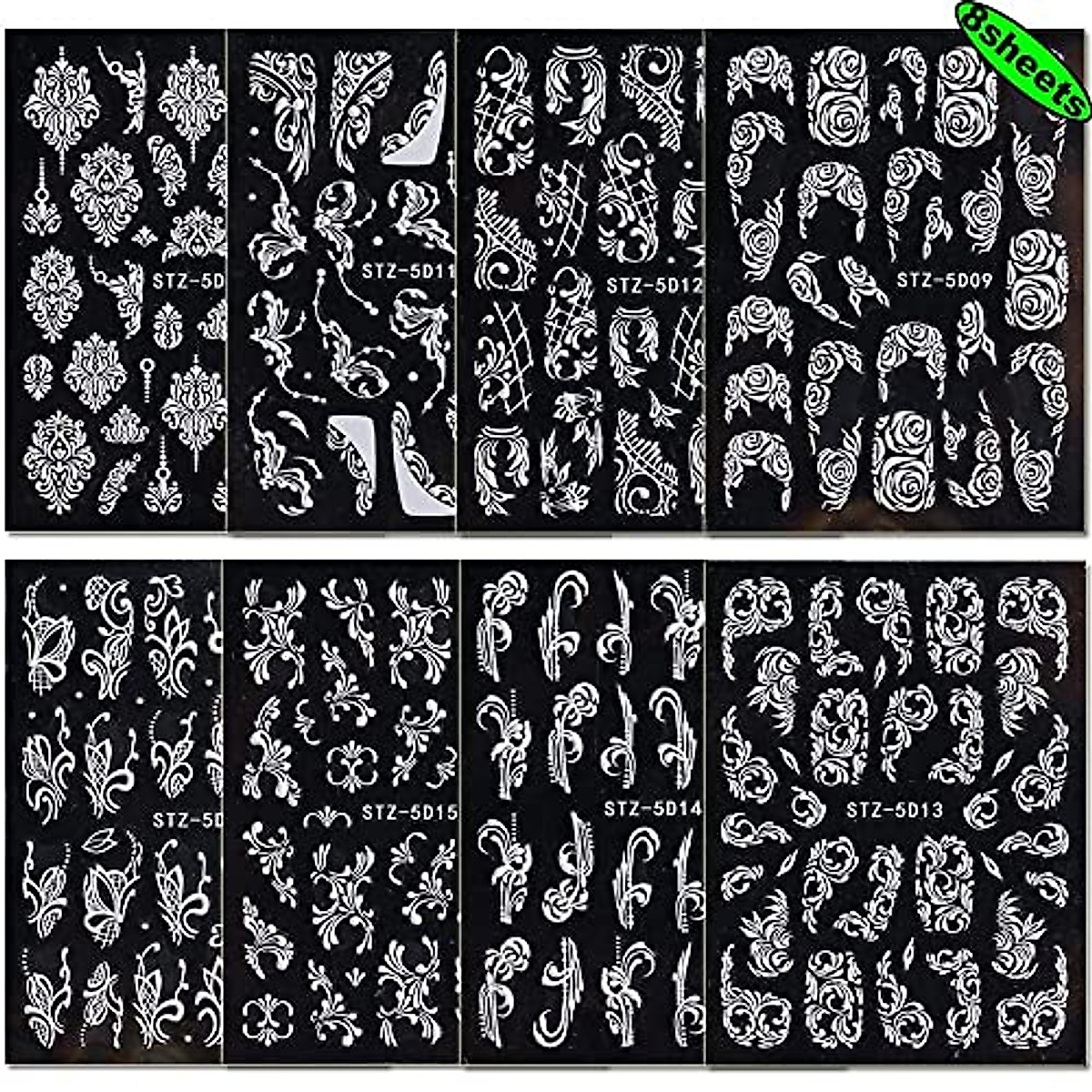Flower Nail Art Stickers Decals, 8 Sheets 5D Engraved Flower Nail Decals White Wedding Nail Art Accessories French Tips Nail Designs Self Adhesive Lace Flower Carving Nail Stickers for Women Girls