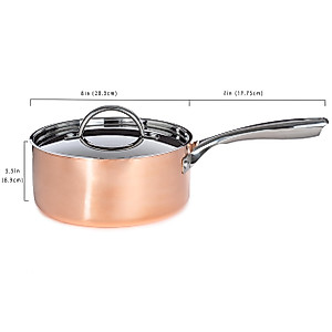 BergHOFF Vintage Tri-Ply Copper 8in Saucepan 3qt. With Matching Lid, Polished, Long Ergonomic Shaped Handle, 3-layer Base, Gold