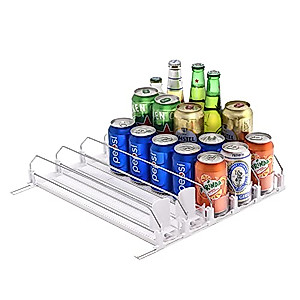 Drink Organizer for Fridge, Soda Can Organizer for Refrigerator, Self-Pushing Soda Can Organizer for Refrigerator, Width Adjustable Beverage Pusher Glide, Beer Pop Can Water Bottle Storage, 5 Row