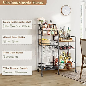 VINAEMO Rolling Bar Cart with Wine Glass Holder, Bar Carts for the Home, Bar Stand for Home, Small Mini Bar for Whiskey Wine, Liquor Cart for Home Bar, Alcohol Cabinet for Bar, Kitchen, Dining Room