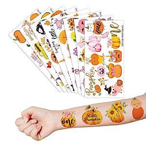 Little Pumpkin Baby Shower Birthday Temporary Tattoos - 80PCS Pumpkin Fall 1st Stickers for Party Decorations, Favors, and Prizes - Pink, Orange, and Maple Leaf Themed - Ideal Gifts for Boys