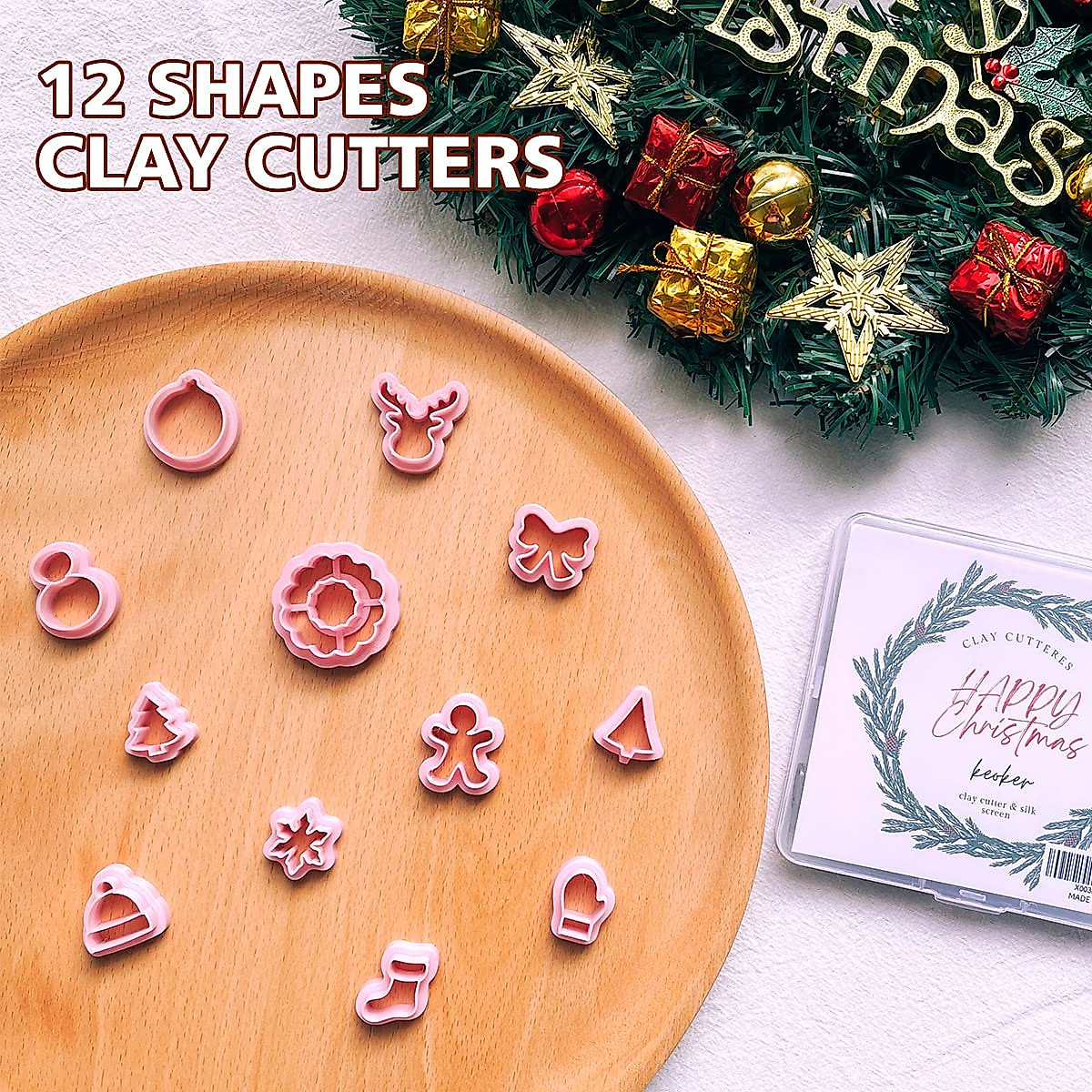KEOKER Christmas Clay Cutters, Christmas Polymer Clay Cutters for Earrings Making, 12 Shapes Mini Christmas Clay Earrings Cutters, Small Christmas Tree Clay Cutters For Polymer Clay Jewelry