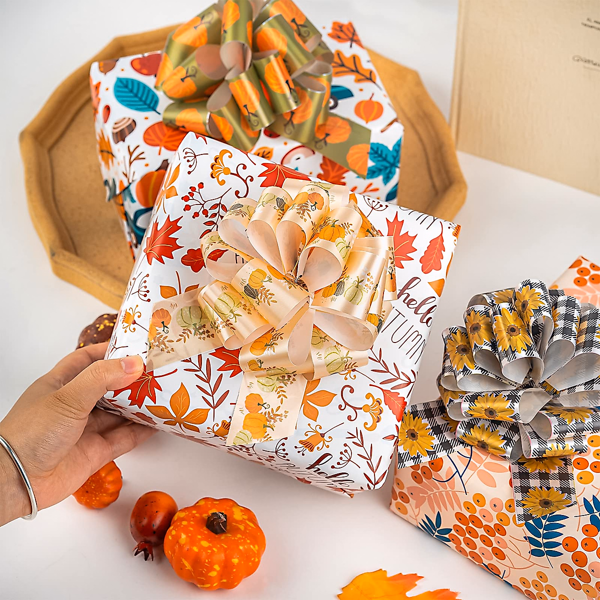 WRAPAHOLIC 18 Pcs Autumn Gift Pull Bows Assortment - 5 Inches Diameter Pull String Bows for Christmas, Holiday, Party Favors, Decor