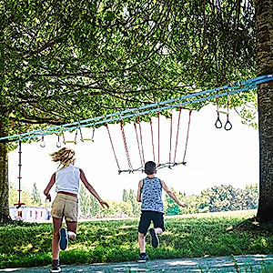 Ninja Slackline Obstacle Course for Kids - 80 Foot Line | Monkey Bars Playground Equipment | Ninja Warrior Course with Monkey Bars for Kids | (Rickety Bridge Edition) - Patented Double Line