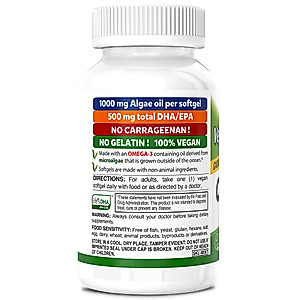 DEVA Vegan Omega-3 DHA EPA Supplement - Once-Per-Day Softgel 500 MG - Carrageenan Free - Gelatin Free - Non-Fish - Algae Oil Omega-3 Fatty Acids - 60 Softgels