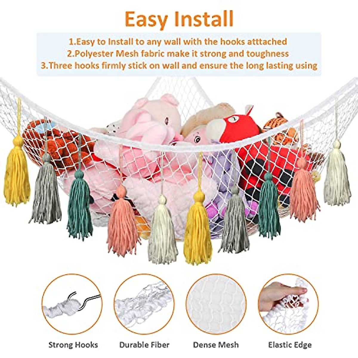 KOHUIJOO Stuffed Animal Hammock, Jumbo Stuffed Animal Net Corner Wall Hanging Toy Hammock with Tassels Kids Macrame Stuff Animals Organizer Storage Boho Mesh Toy Net Holder for Stuff Animals
