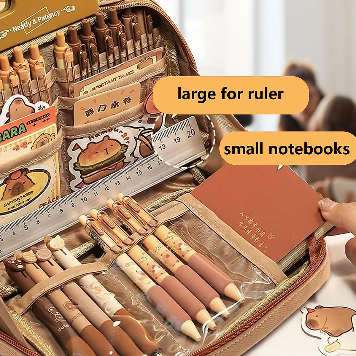 Seqgante Cute Capybara Pencil Case with 12 Compartments 90° Wide Opening Mouth Pencil Pouch with Kawaii Pins Plush Cute Stationery