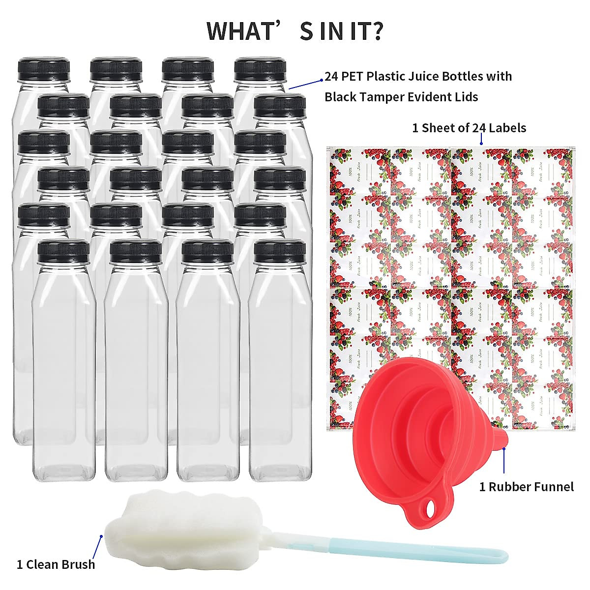 24 Pack 12OZ Plastic Juice Bottles with Caps, OAMCEG Juice Containers with Lids for Fridge, Reusable Smoothie Bottles, Empty Clear Bulk Beverage Container with Black Tamper Evident Lids (Square, 12oz)