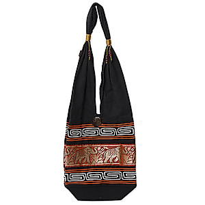 NOVICA Artisan Handmade Cotton Blend Shoulder Bag Black Vermilion from Thailand Wood Handbags Orange Gold Tone Embroidered Animal Themed Elephant ' Thai Elephants in Vermilion'