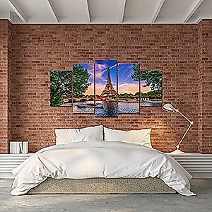 Canvbay 5 Piece Large Eiffel Tower Canvas Wall Art France Paris Cityscape in Sunset Picture Painting Architecture Scene Photo Poster Wall Decor Famous Landmark Scenic Artwork Prints Framed for Living Room Bedroom Decor