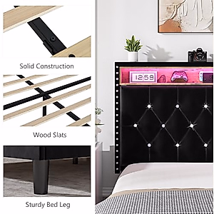 HOMBCK Queen Size Bed Frame with Led Lights, Storage Shelf Headboard, Black Velvet Upholstered, No Box Spring Needed, Noise-Free