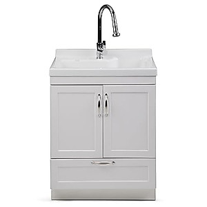 SIMPLIHOME Maile All-in-One Utility Sink & Cabinet, Pure White, 28-inch Laundry Cabinet, Pull-out Faucet, ABS Sink, Storage Drawer for Laundry Room, Mudroom, Garage