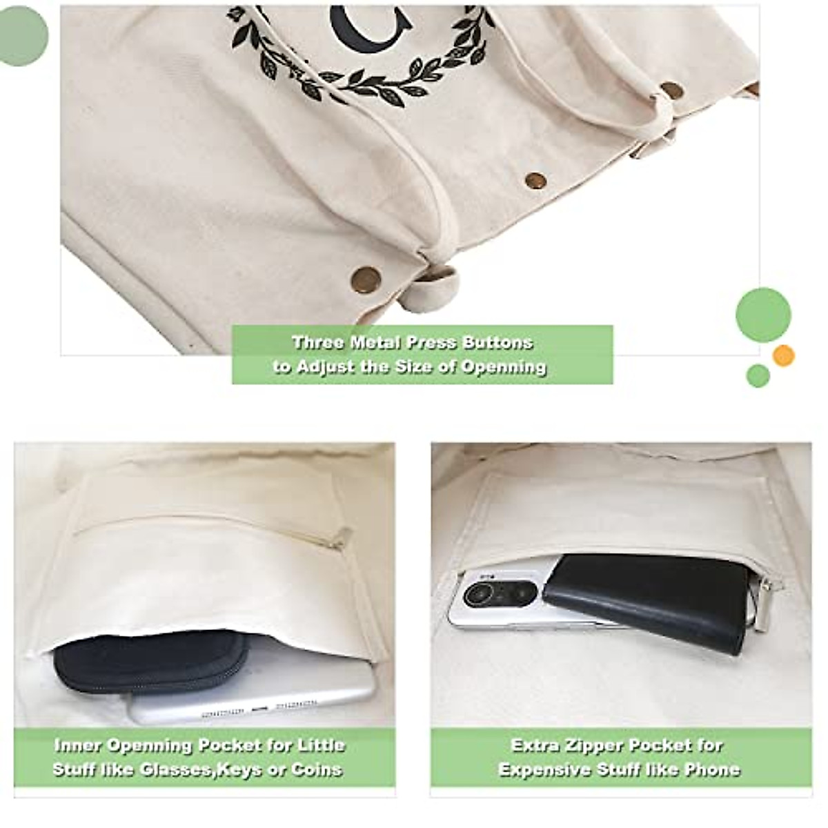 BeeGreen Flora Wreath Book Tote Bag w Inner Zipper Pocket Large Shopping Bag Magnetic Snap Closure for Wedding Birthday Beach Personalized Gift Women Teachers Friends Letter C