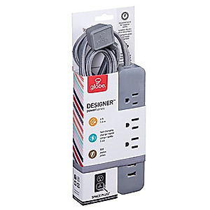 Globe Electric 78252 Designer Series 6ft 3-Outlet USB Surge Protector Power Strip, 2x USB Ports, Surge Protector, Gray Finish