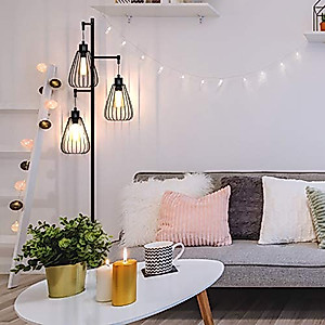 Tangkula 3 Lights Industrial Floor Lamp, Rustic 3-Head Tall Lamp, 67Inch Metal Standing Lamp, Tree Lamp with 3 Hanging Lampshade, Cage Floor Lighting for Farmhouse Living Room Kitchen Bedroom (Black)