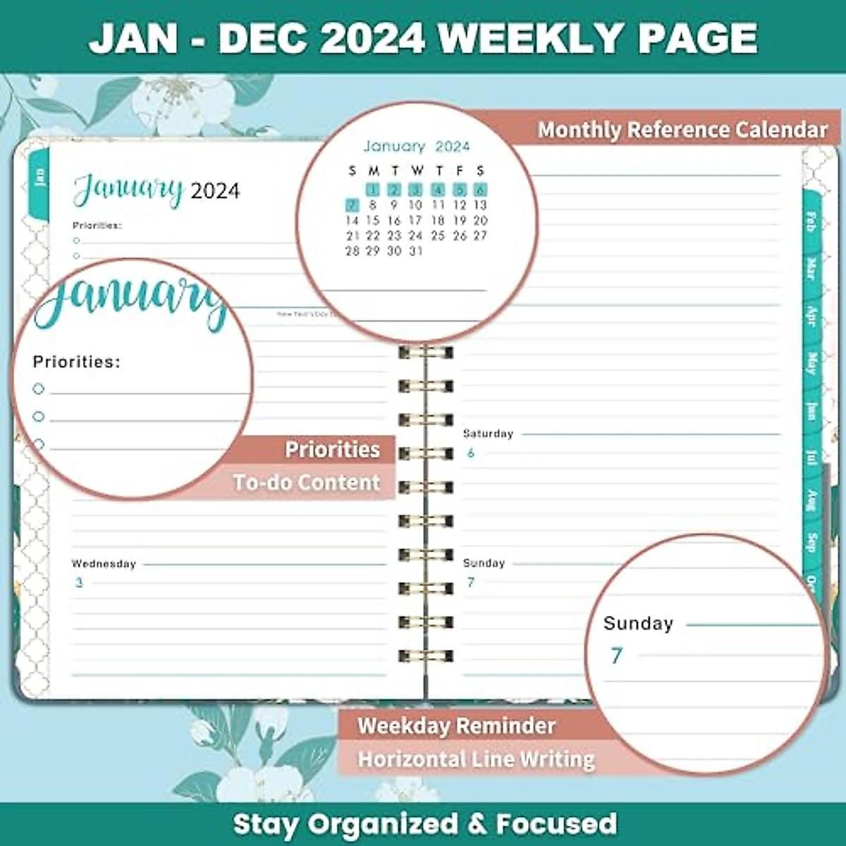 2024 Planner - 2024 Planner Weekly and Monthly, Jan 2024 - Dec 2024, Planner 2024 with Tabs, 6.3" x 8.4", 2024 Calendar Planner with Back Pocket + Thick Paper + Twin-Wire Binding