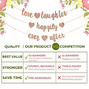 3Pcs Rose Gold Glitter Love Laughter and Happily Ever After Banner - Wedding Shower Decorations - Bridal Shower Decorations - Bachelorette, Bridal & Engagement Party Decorations (Pre-Strung Signs)