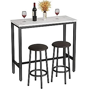 Hooseng Bar Table Set of 2, 39.3" Pub Height Table Set with Faux Marble Tabletop and 2 Round Stools, 3 Piece Kitchen Table Set Ideal for Dinner Room, Living Room, Breakfast Nook, Small Spaces, White