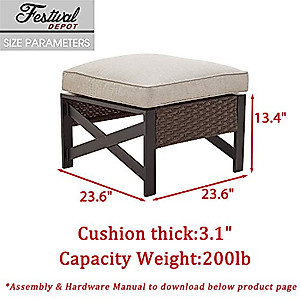 Festival Depot Patio Ottoman Footstool Outdoor Furniture with Wicker Rattan, X Shape Slatted Steel Frame Foot Rest with Premium Fabric Soft Cushion Square for Garden Yard Lawn All-Weather