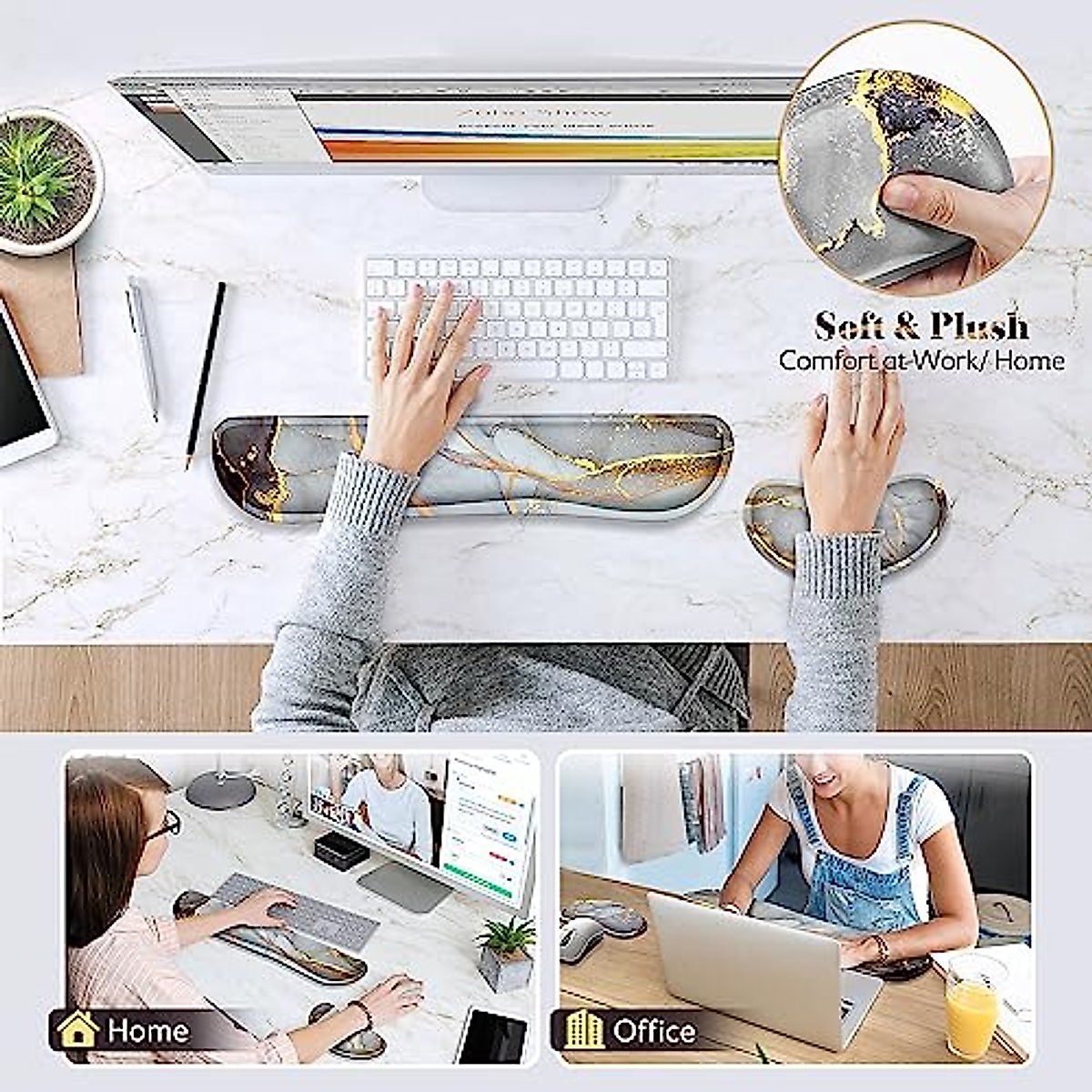 Gimars Upgrade Enlarge Gel Memory Foam Set Keyboard Wrist Rest Pad, Comfortable Ergonomic Design for Easy Typing Pain Relief, Firm Mouse Wrist Cushion Support for Office, Computer, Laptop, Mac