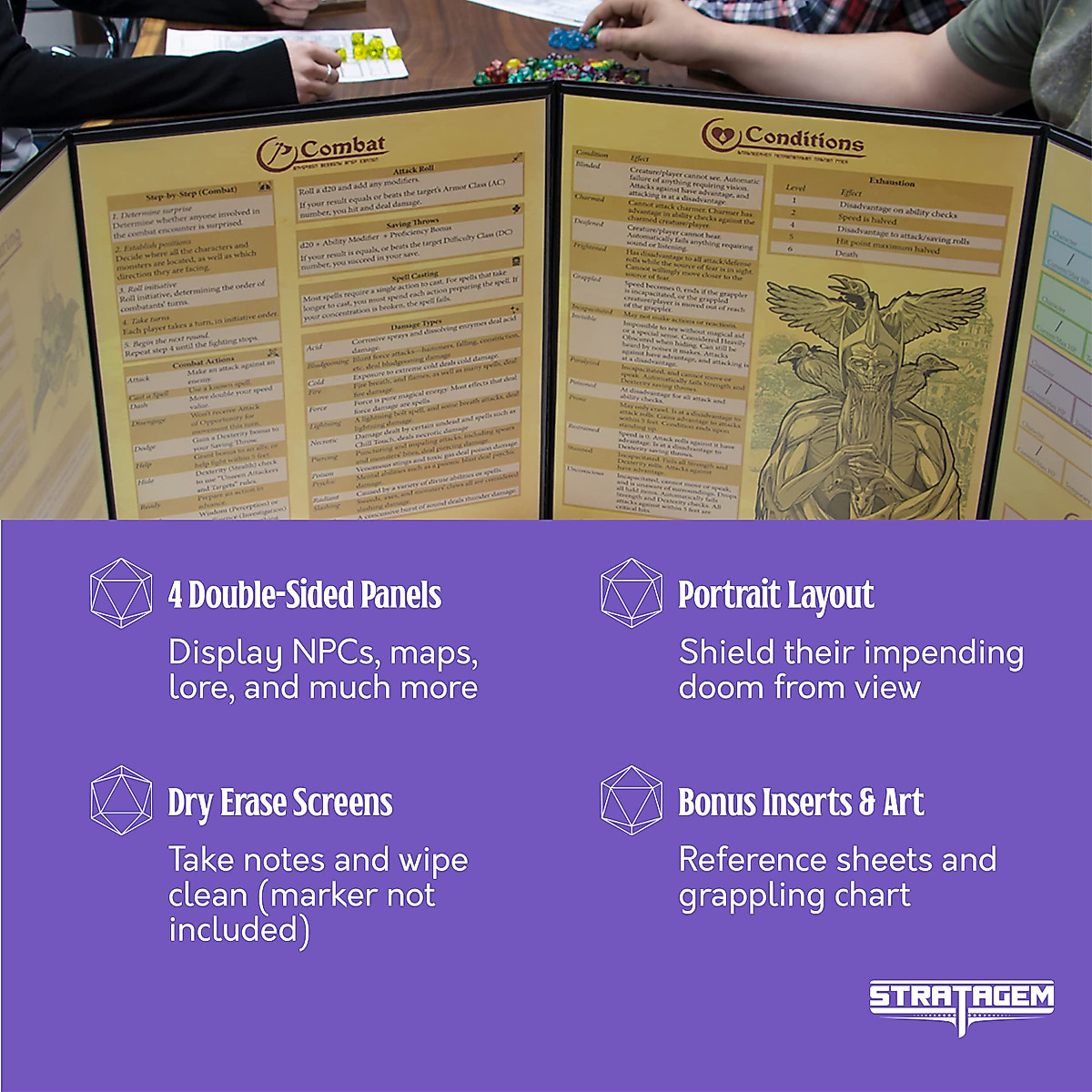 Stratagem The Master's Tome 4-Panel Customizable GM Screen with Free Inserts – Dry Erase, Dungeon & Game Master Accessory for Tabletop RPG Campaigns (Black)