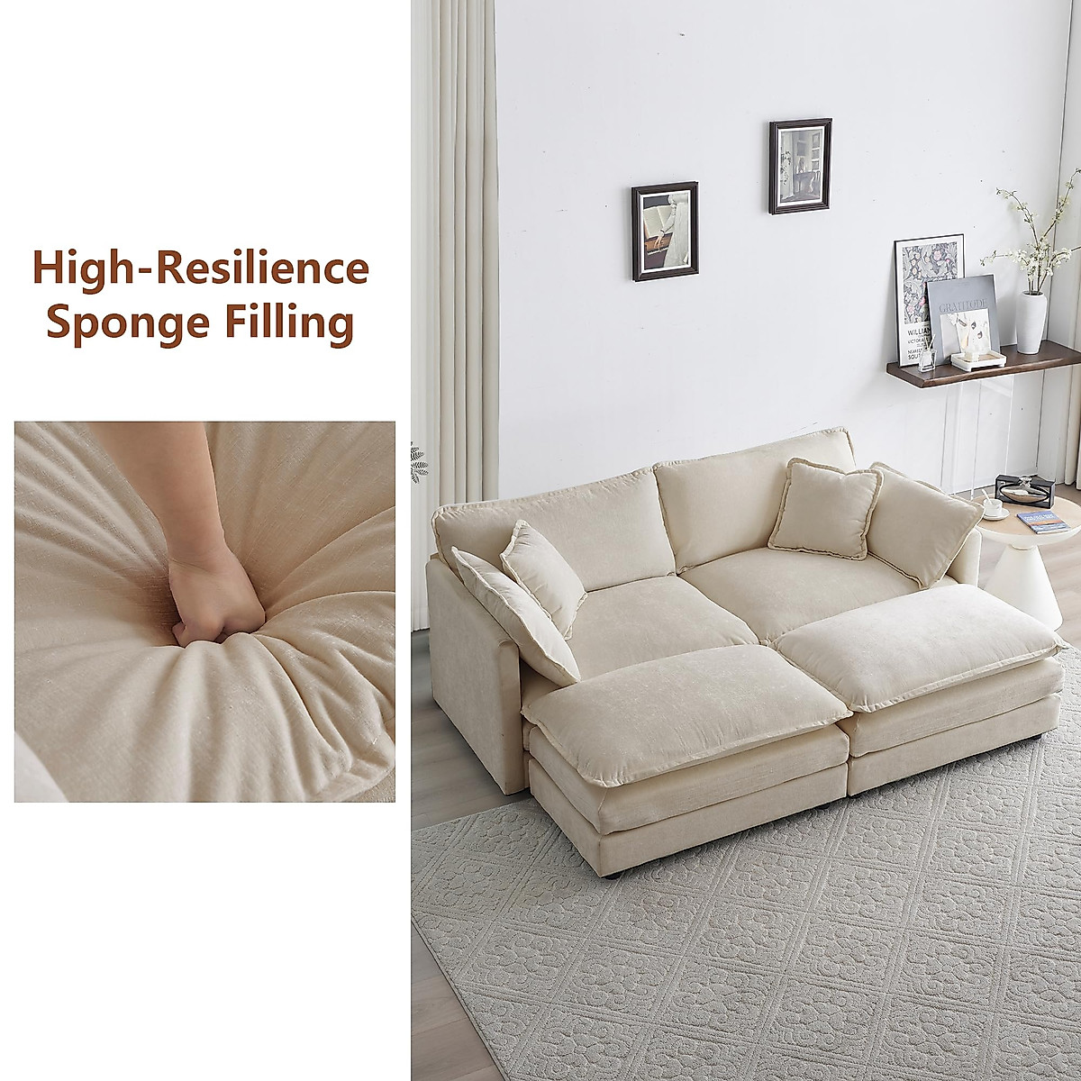 Suheww Modern Loveseat 2-Seater Sofa Couch Deep Seat Sectional Cloud Sofa, Modern Deep Seat Comfy Couch with Ottomans, 76.7" Modular Sectional Sofa Chenille Loveseat for Living Room Small Space